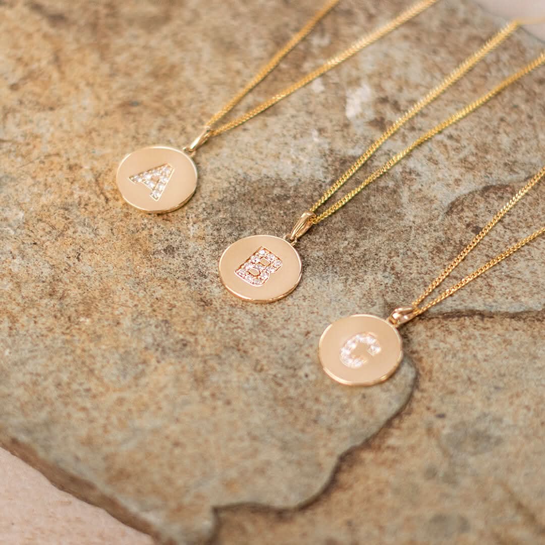 Diamond Initial Necklace | Solid Gold Disc | A to Z – Lily Blanche